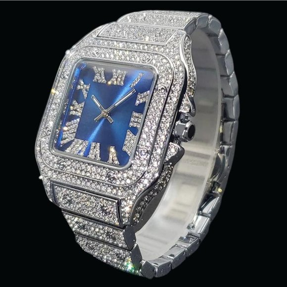 Watches | Accessories | Luxury Iced Out Square Body Blue Detailed Watch ...